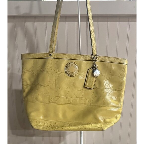 Coach | Bags | Coach Yellow Leather Tote Bag With Signature Pattern ...